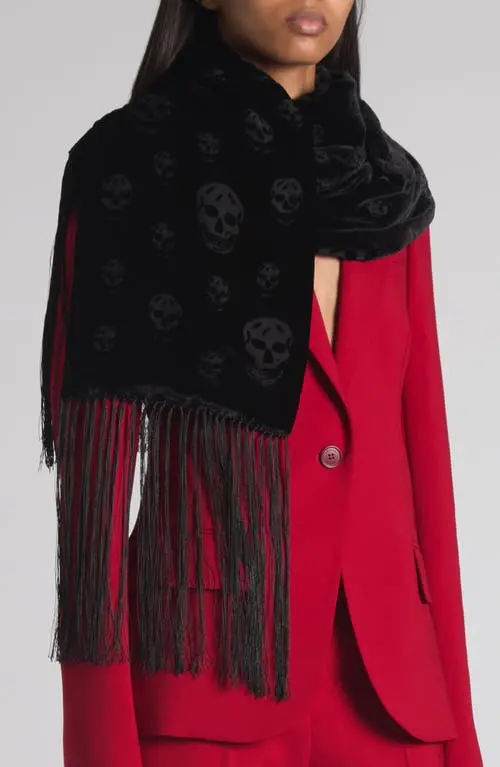 Buy Alexander McQueen Skull Jacquard Wool & Silk Fringe Scarf